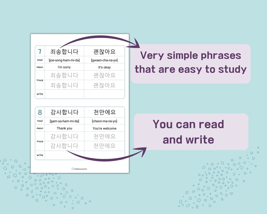 Study Korean Basic Phrases 100/ Hangul Worksheets/ Korean Learning ...