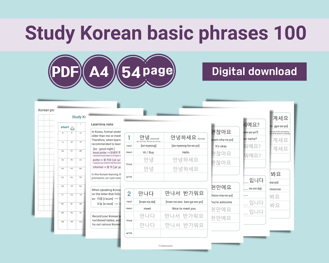 Study Korean Basic Phrases 100/ Hangul Worksheets/ Korean Learning ...