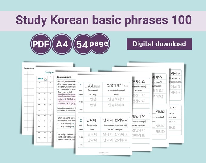 Study Korean Basic Phrases 100/ Hangul Worksheets/ Korean Learning ...