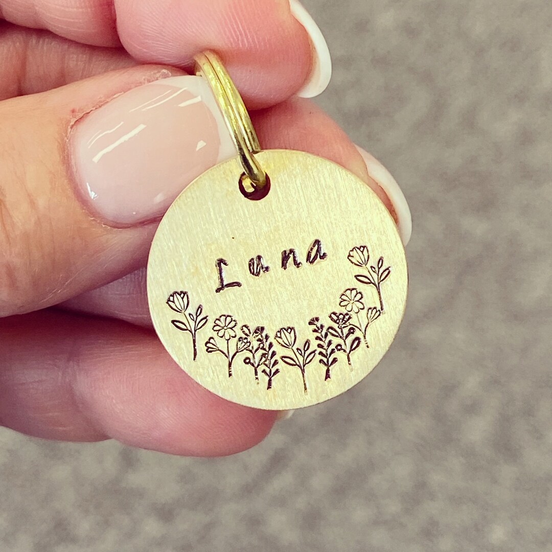 Custom Hand Stamped Dog Tags With Flower Design, Pet Collar Tag, Cat ID ...