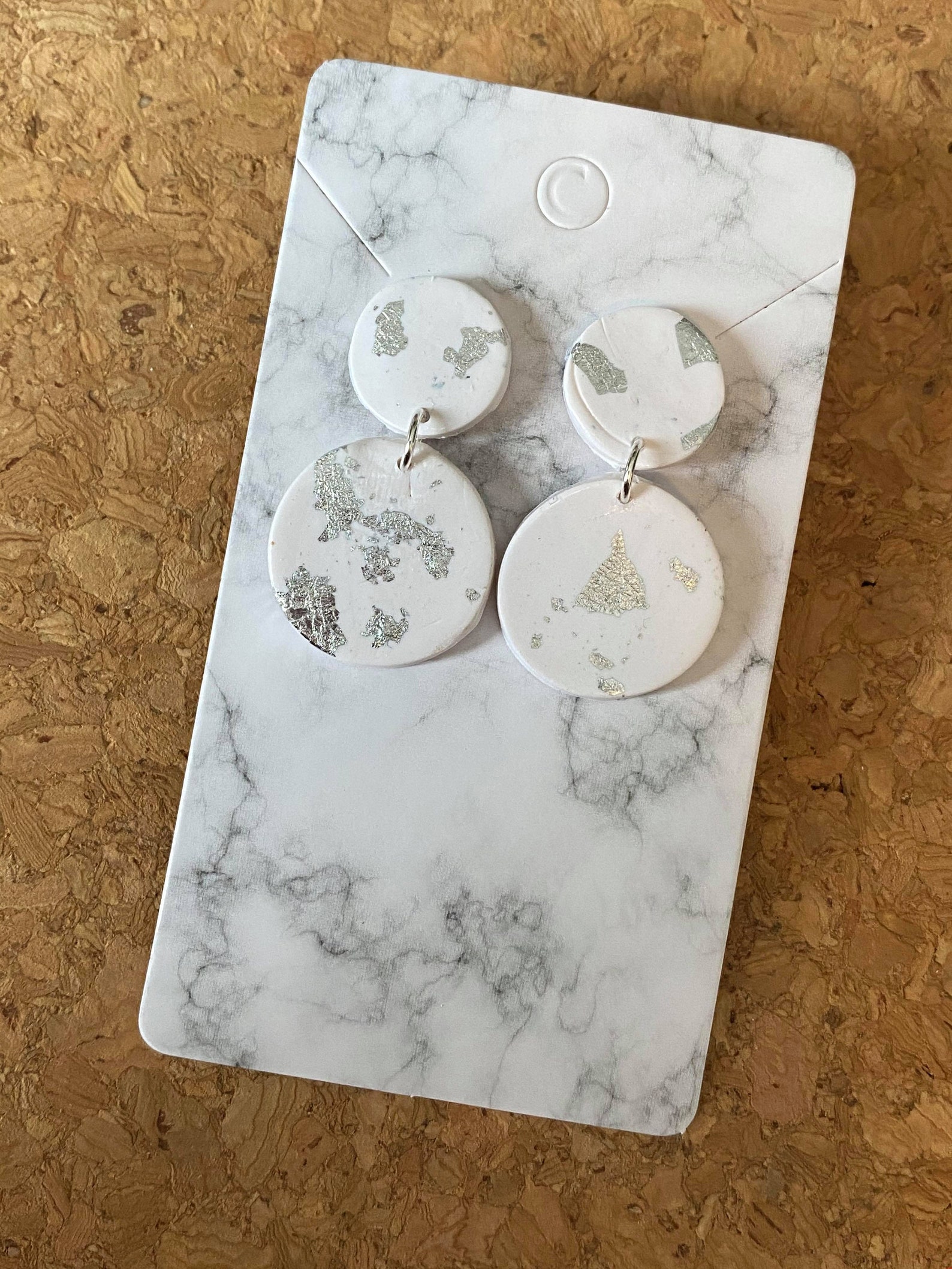 Polymer Clay Double Circle White and Silver Gold Leaf Stud Dangles - Etsy