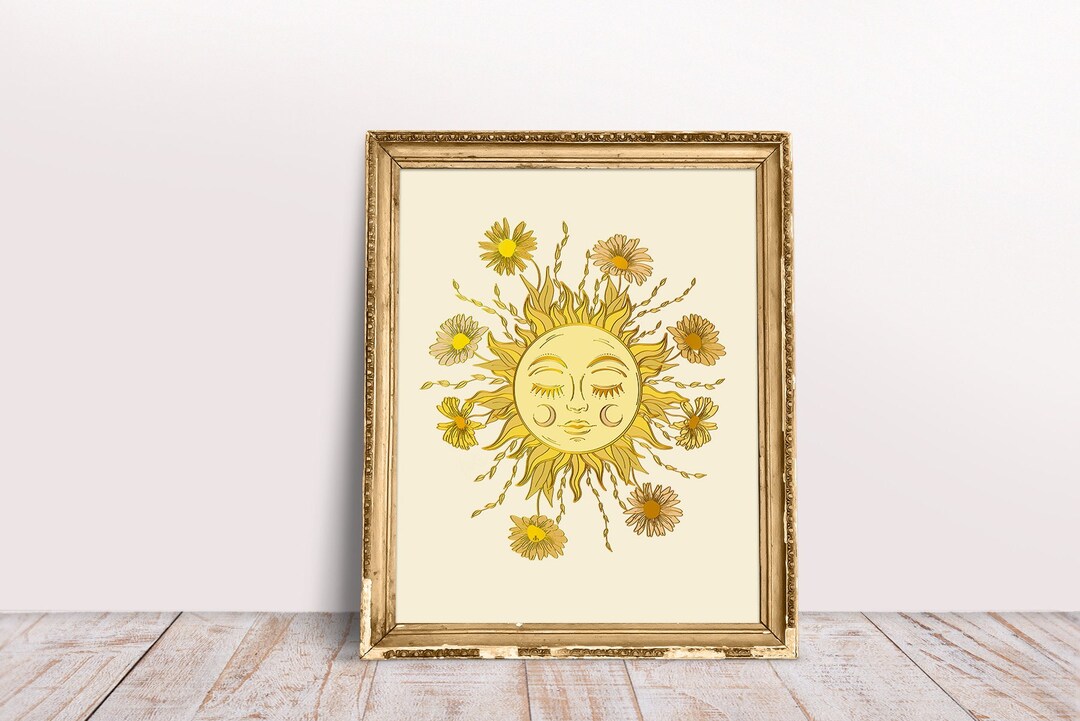 Boho Sun Face Art Print: Floral 70s Nursery Decor - Etsy