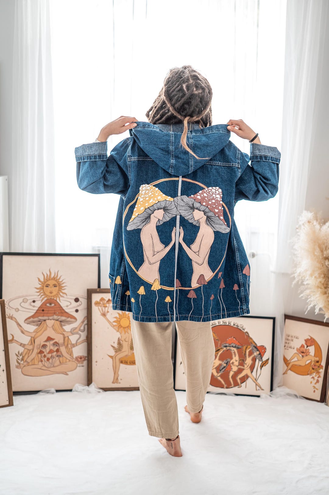 Hand Painted Thrifted Denim Jacket, Amanita Mushroom Psychedelic ...
