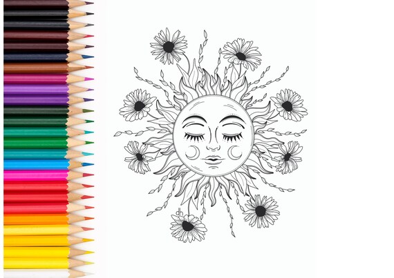 Floral boho sun coloring page Adult coloring Bohemian | Etsy