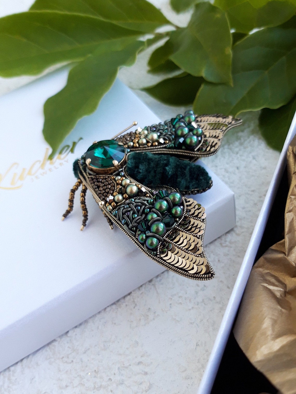 Emerald moth brooch Oleander hawk-moth Embroidery brooch | Etsy