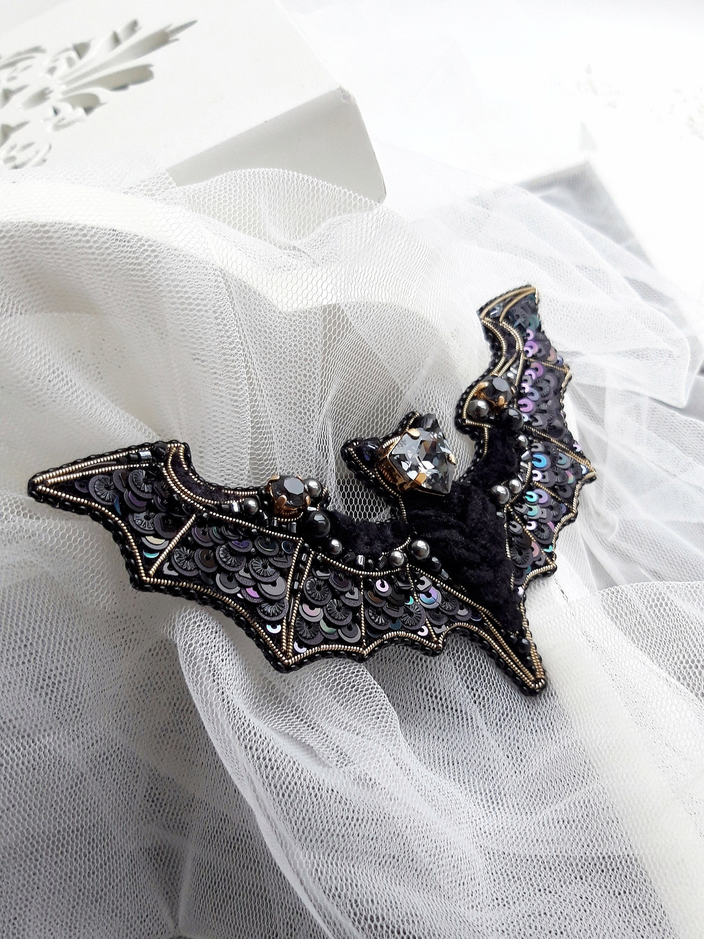 Black Bat Brooch, Embroidered Bat, Halloween Brooch, Beaded Bat Brooch ...