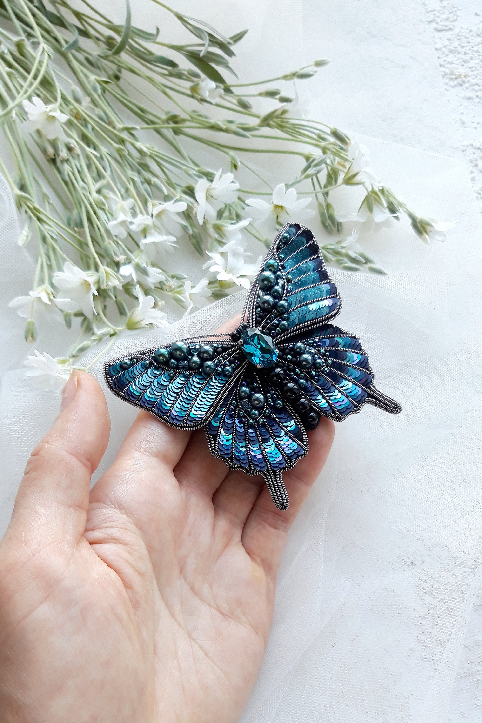 Turquoise Butterfly Brooch Embroidered Brooch Moth Brooch Butterfly ...