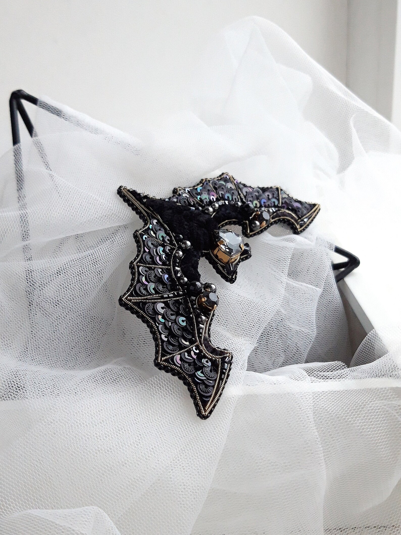 Black Bat Brooch, Embroidered Bat, Halloween Brooch, Beaded Bat Brooch ...