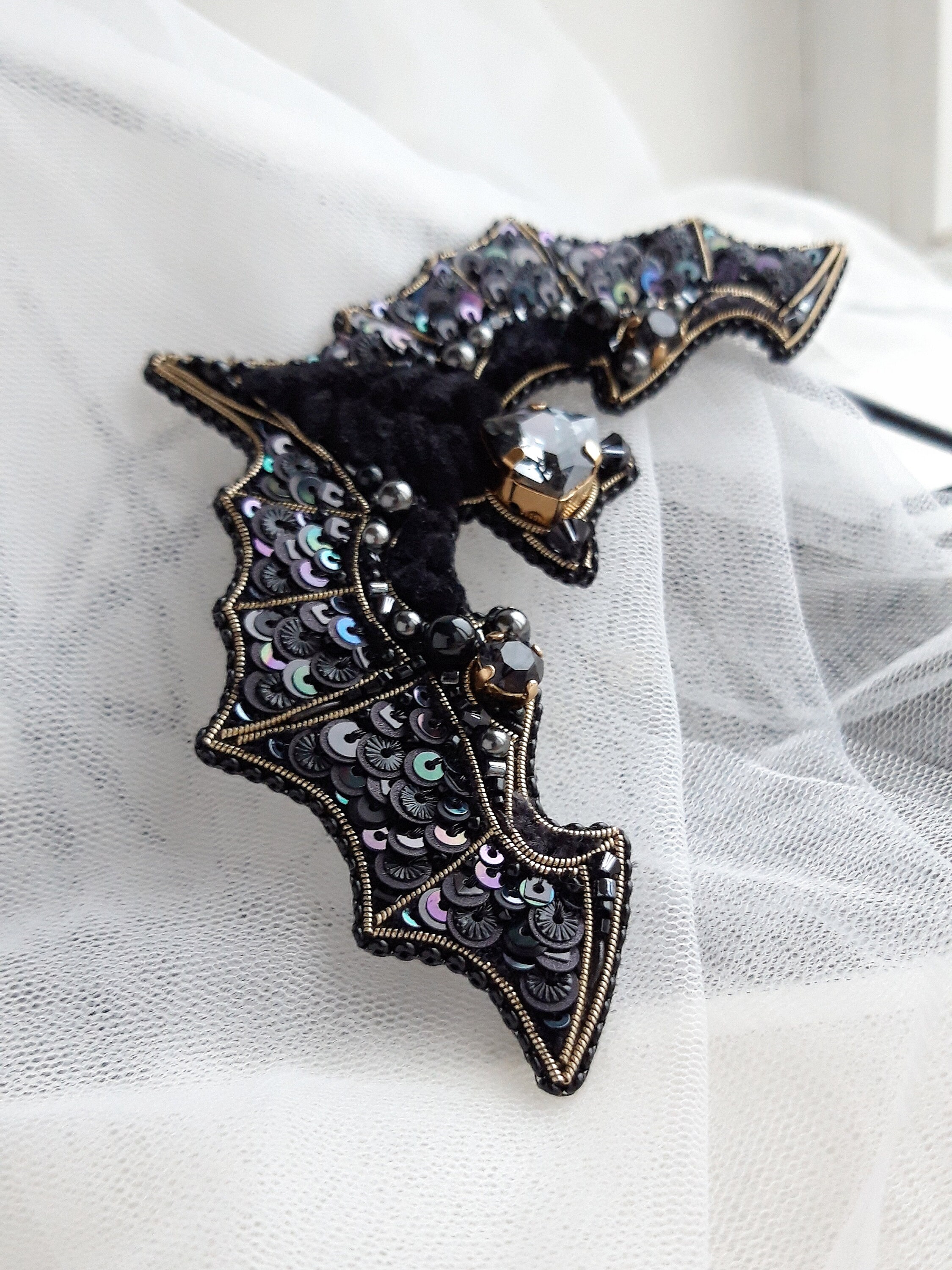Black Bat Brooch, Embroidered Bat, Halloween Brooch, Beaded Bat Brooch ...