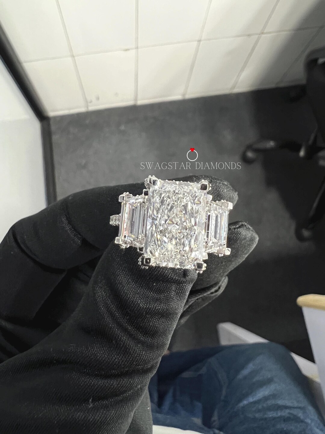 3ct Radiant Cut Lab Grown Diamond Engagement Ring, Trapezoid Side ...