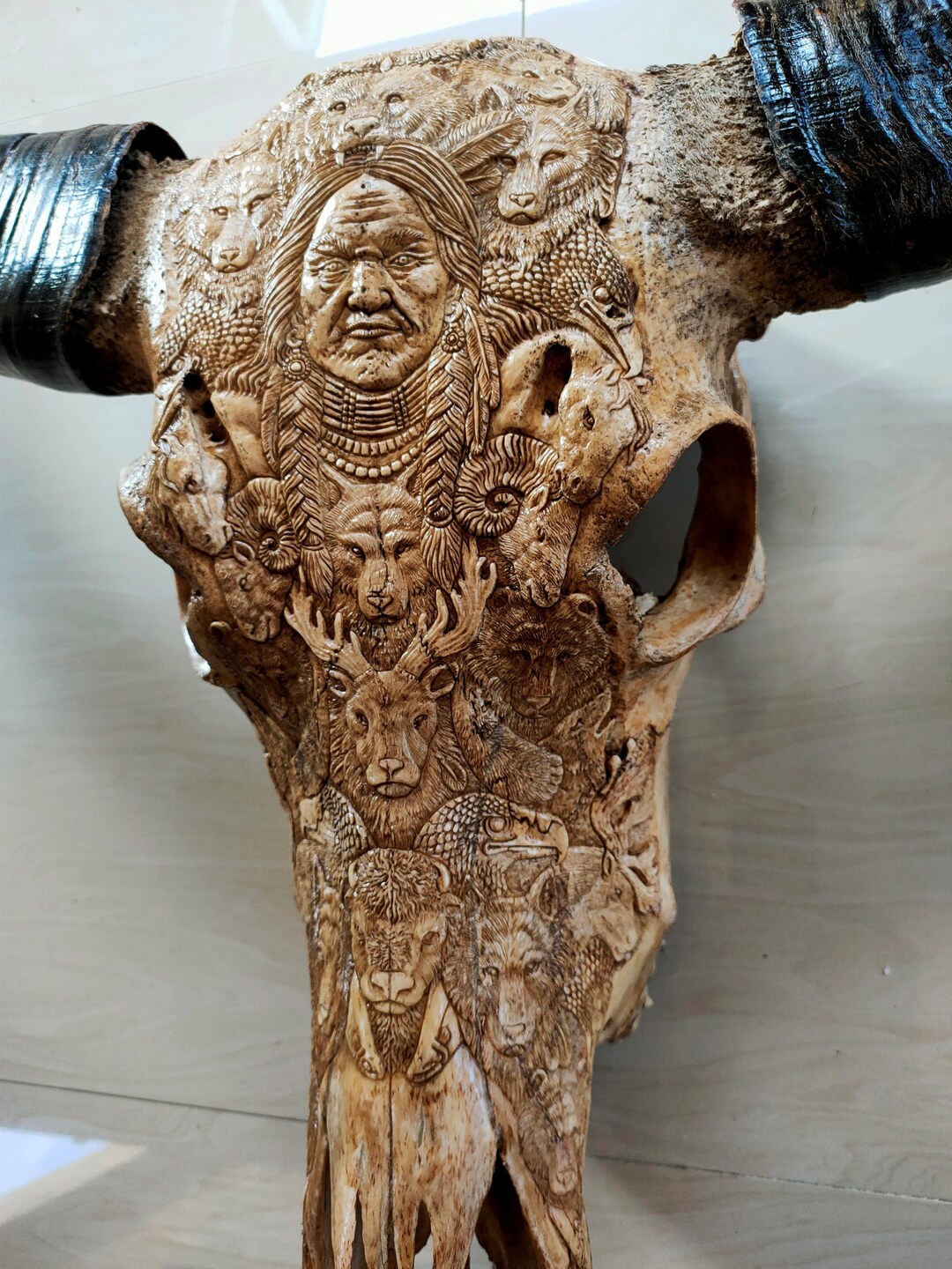 Hand Carved Buffalo Skull Wall Hanging – Native Tribal Wildlife ...