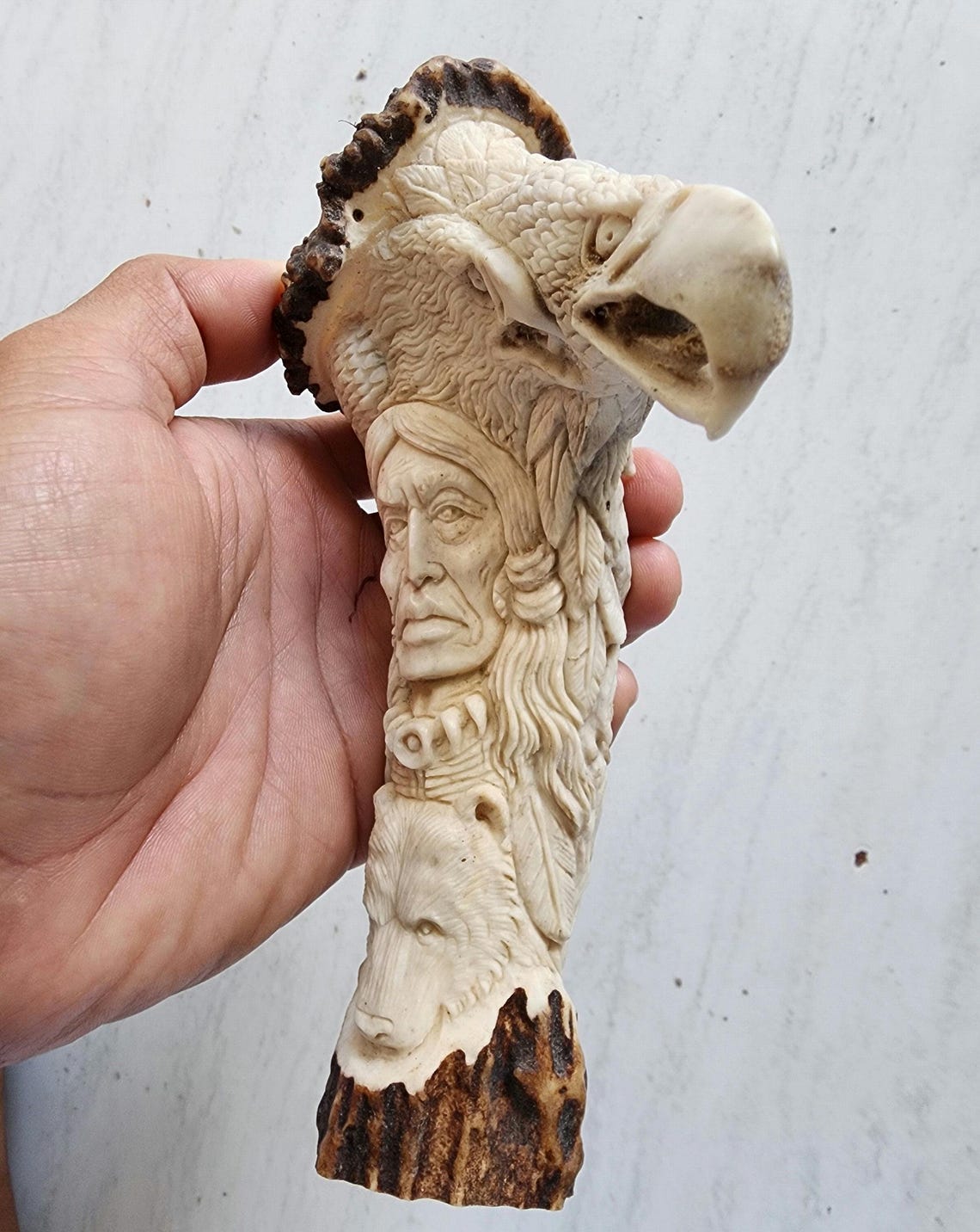 2 Pieces Carved Antler Cane Handle – Eagle, Wolf & Native Elder Design ...