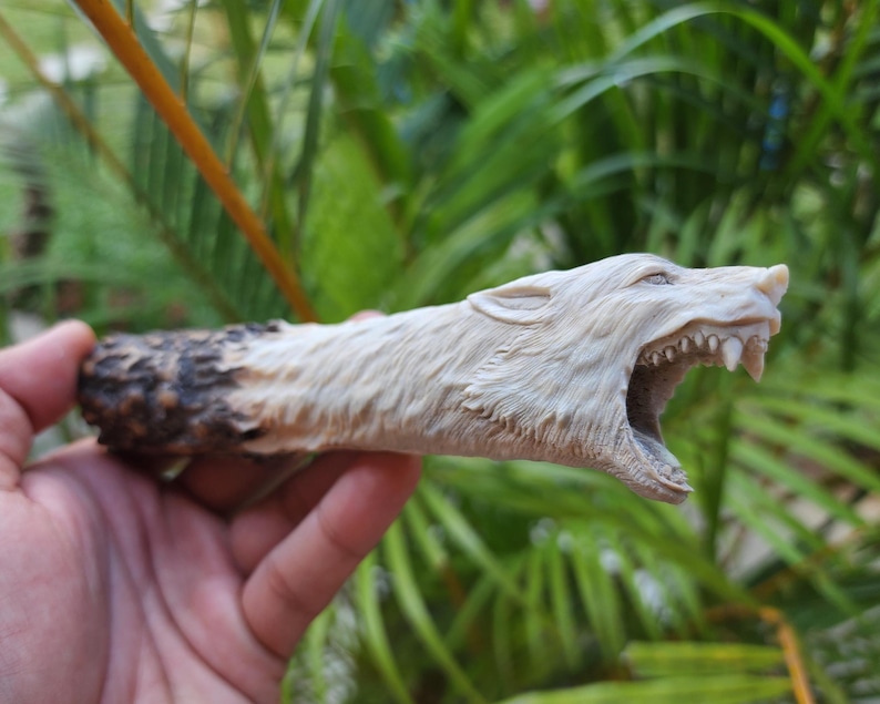 Hand-carved Wolf Head Knife Handle – Genuine Deer Antler Custom Handle ...
