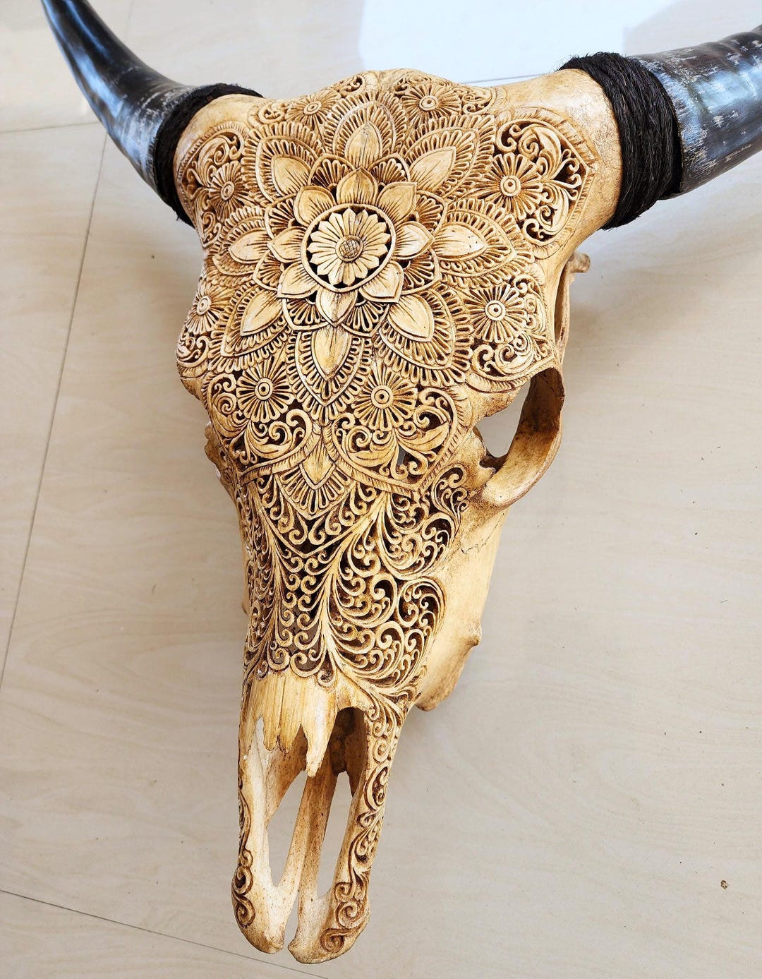 Carved Cow Skull Mandala Wall Art | Boho Western Decor | Real Bone ...