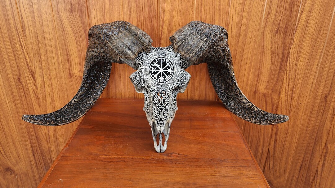 Carved Ram Skull Carving Viking Grey Carved Horn - Etsy
