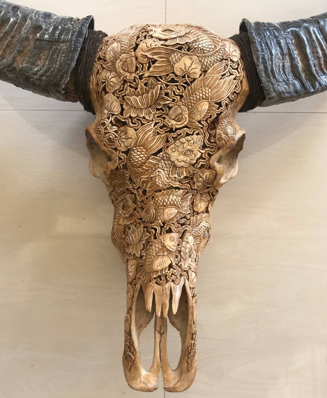 Carved Buffalo Skull Japanese Art of Fish - Etsy