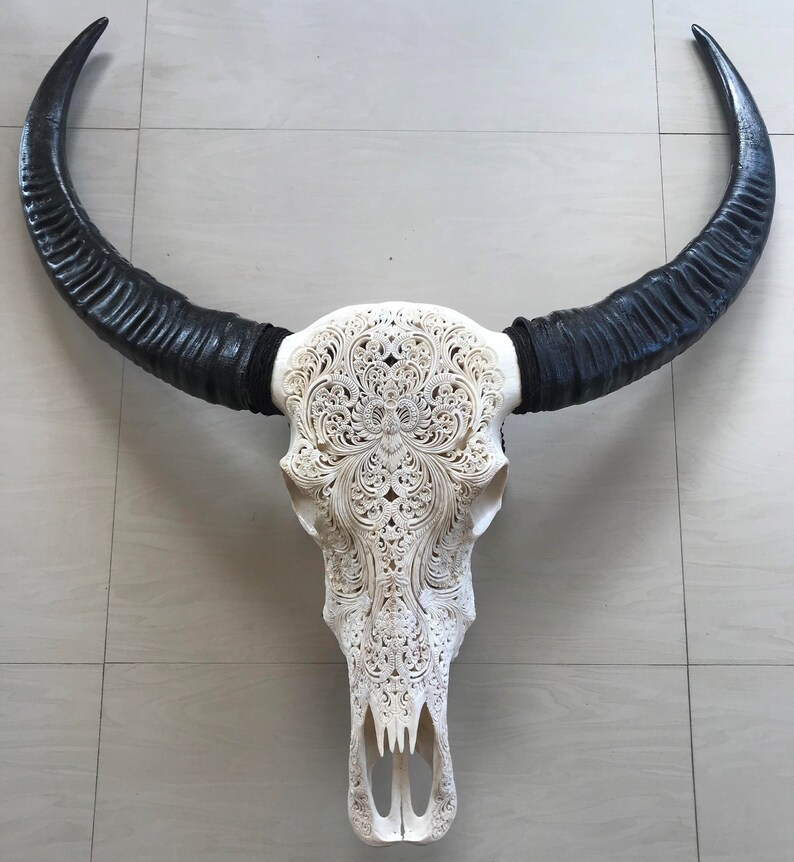 Hand Carved Buffalo Head Skull Carving Floral - Etsy Canada