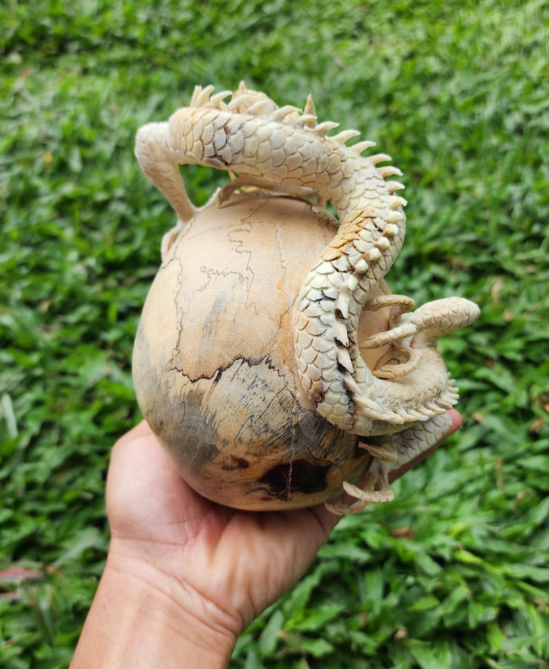 Hand-carved Dragon on Human Skull Sculpture – Bone-style Fantasy Decor ...