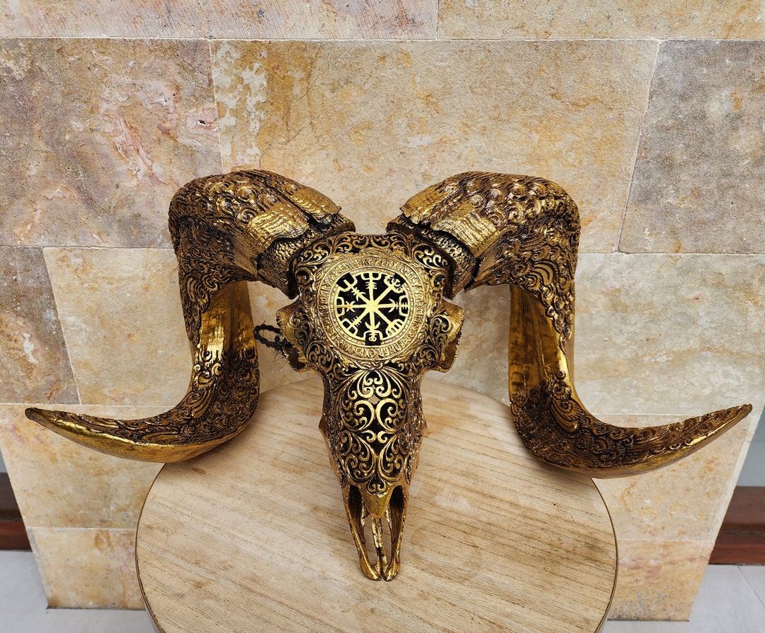 Carve Ram Skull Viking Gold With Carved Horn - Etsy