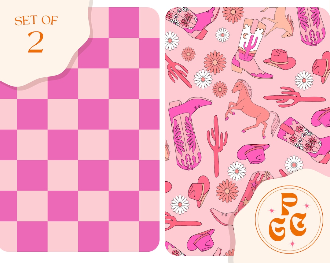 SET of 2 Pink Western Cowgirl and Coordinating Checker Seamless Repeat ...