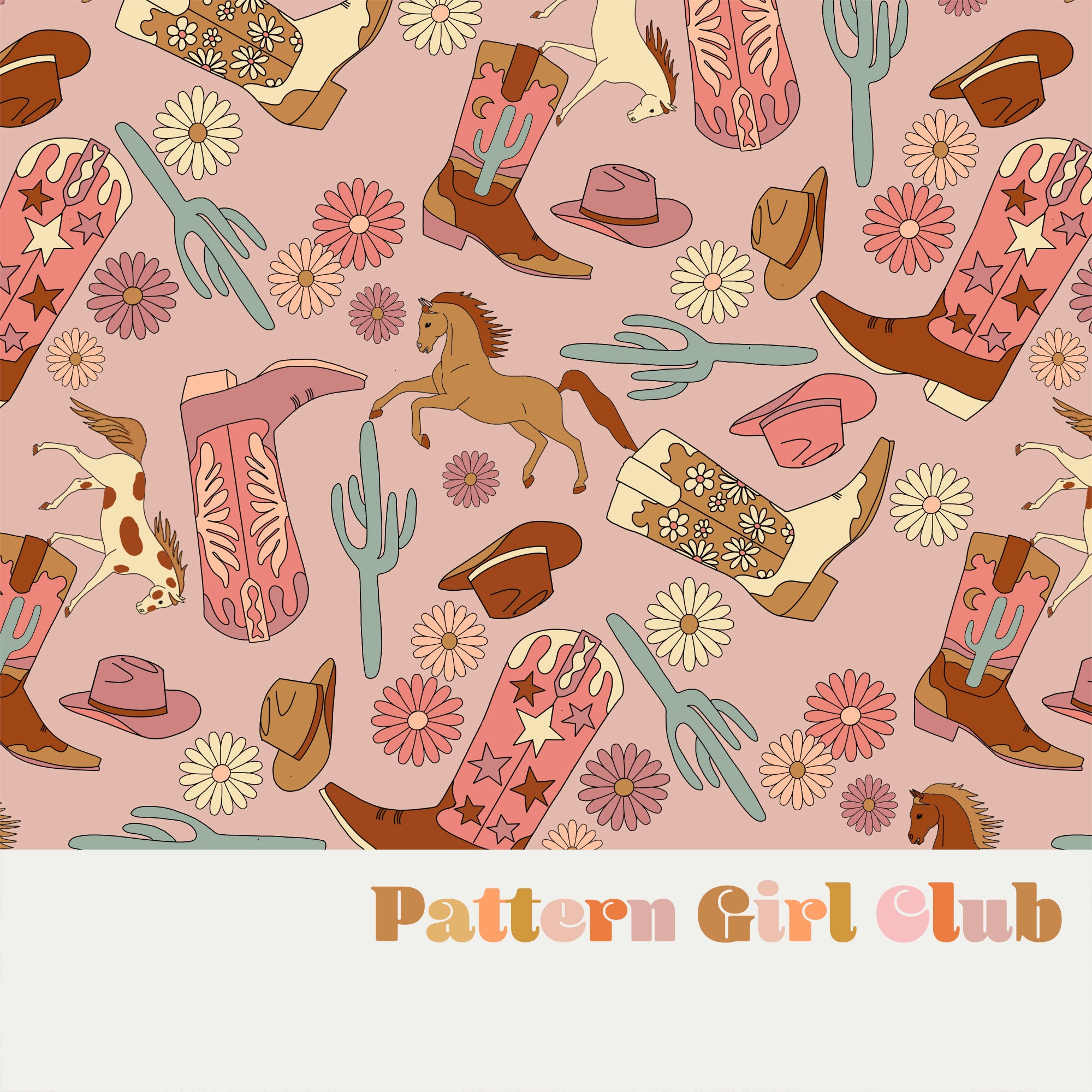 Boho Western Cowgirl Boots Cute Cactus Seamless Repeat Pattern - Etsy