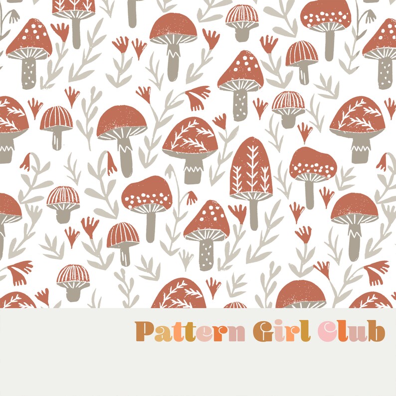 Linocut Mushrooms Seamless Repeat Pattern Boho Neutral for - Etsy