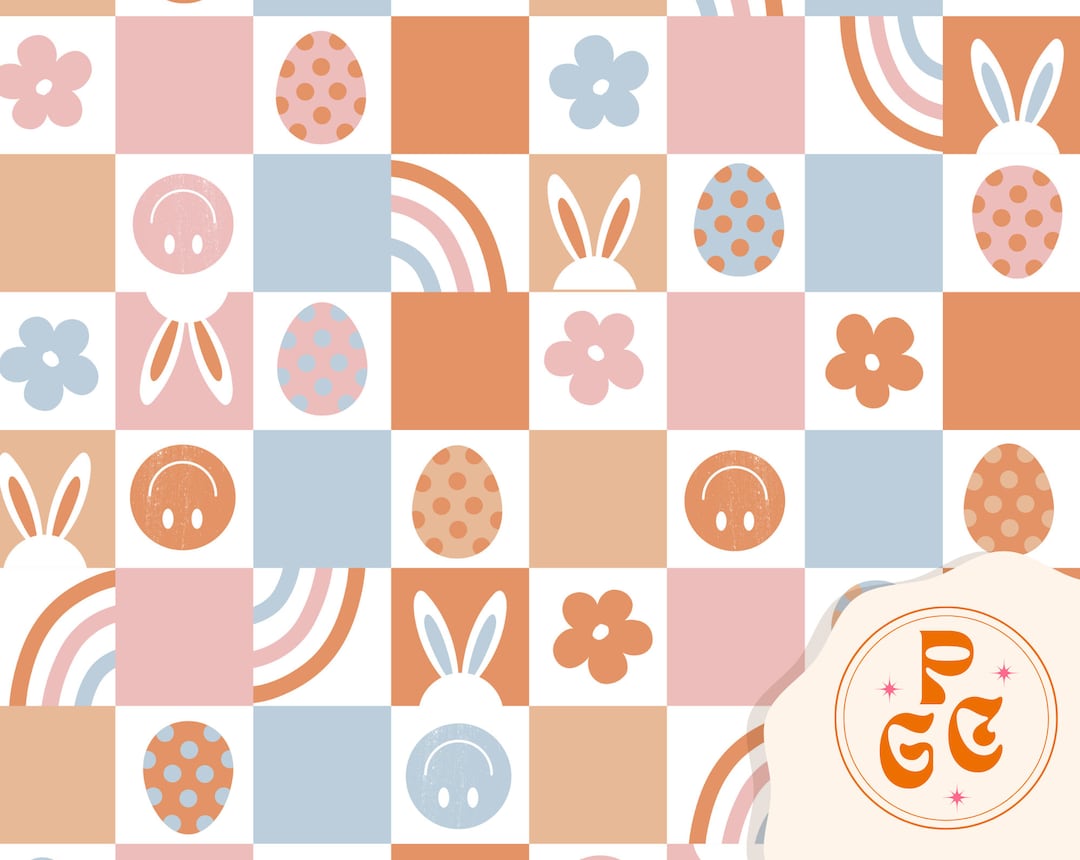 Boho Retro Checkerboard Easter Eggs Cute Blush Beige Blue Easter Bunny ...