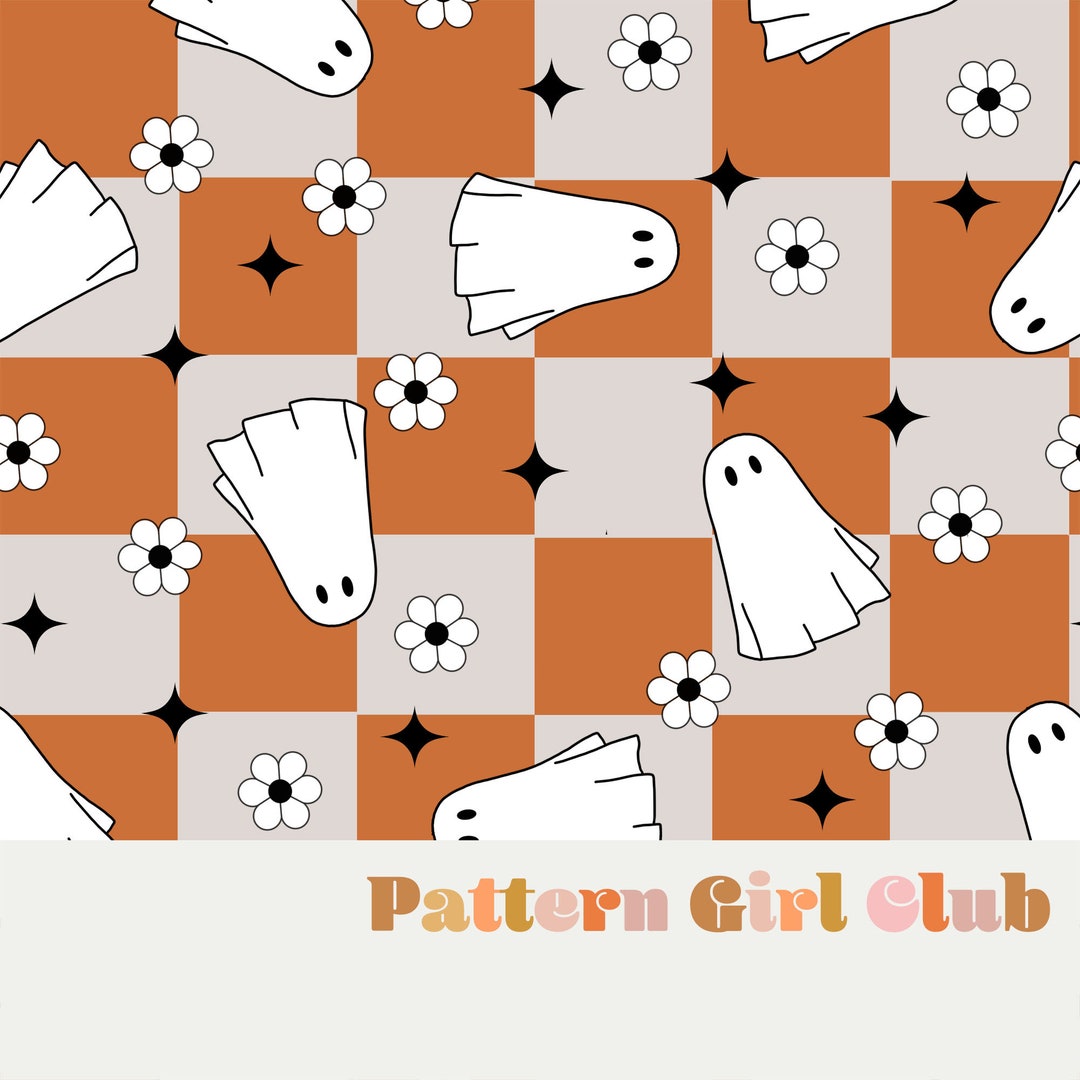 Ghost Floral Halloween Checkerboard Seamless Repeat Pattern Boho ...