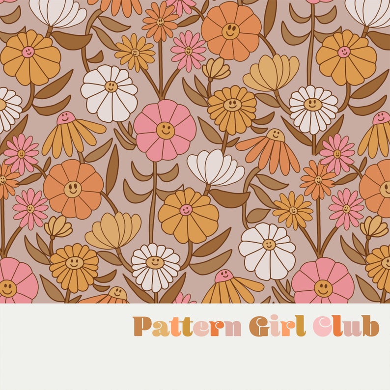 Happy Flowers Retro Floral Seamless Repeat Pattern Boho Neutral for ...