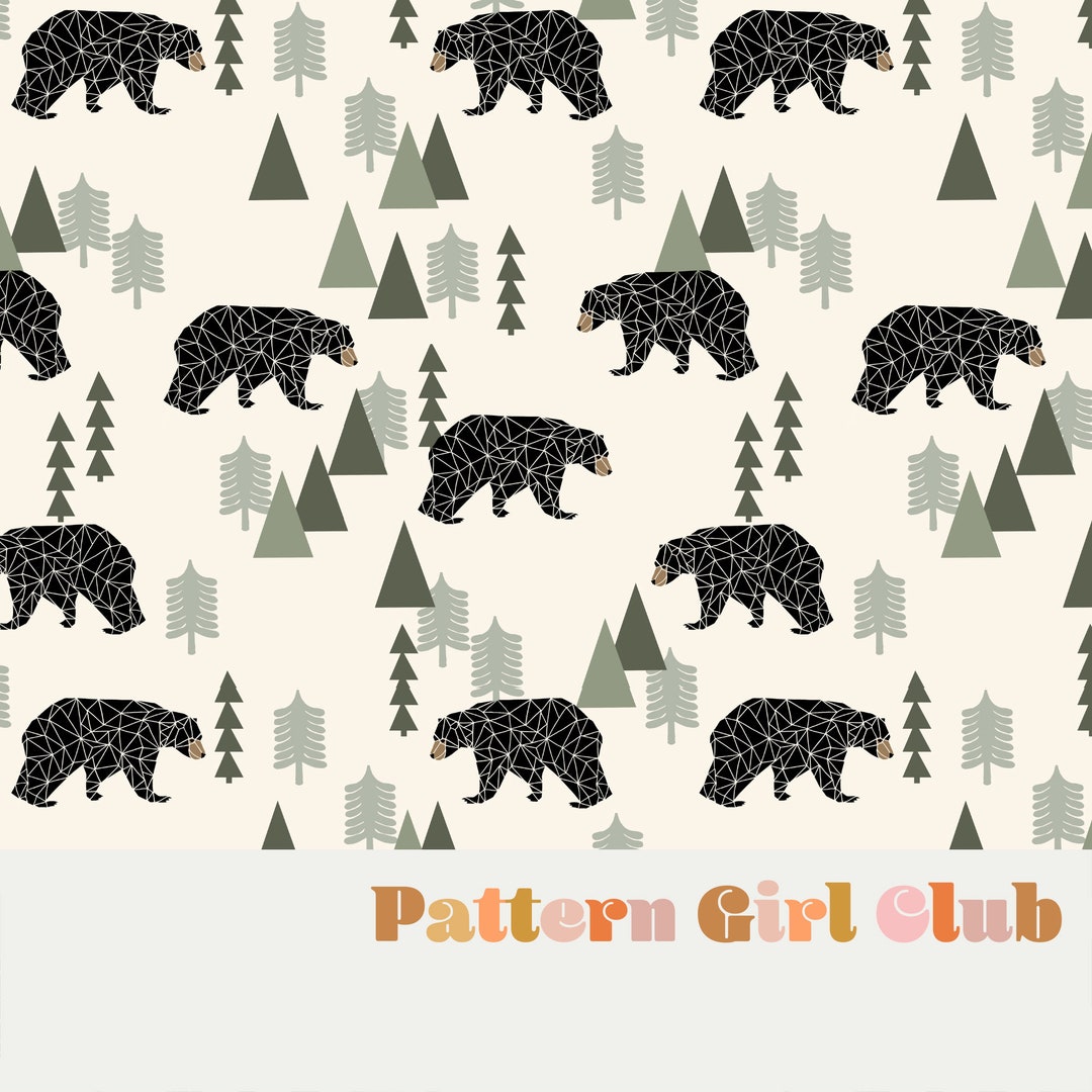 Camping Bear Outdoors Nature Forest Seamless Repeat Pattern Boho ...