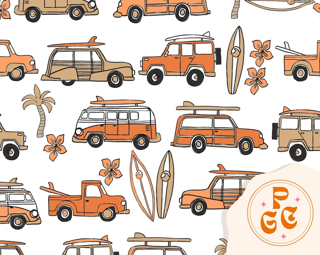 Vintage Surf Cars Summer Muted Retro 70s Seamless Repeat Pattern Boho ...