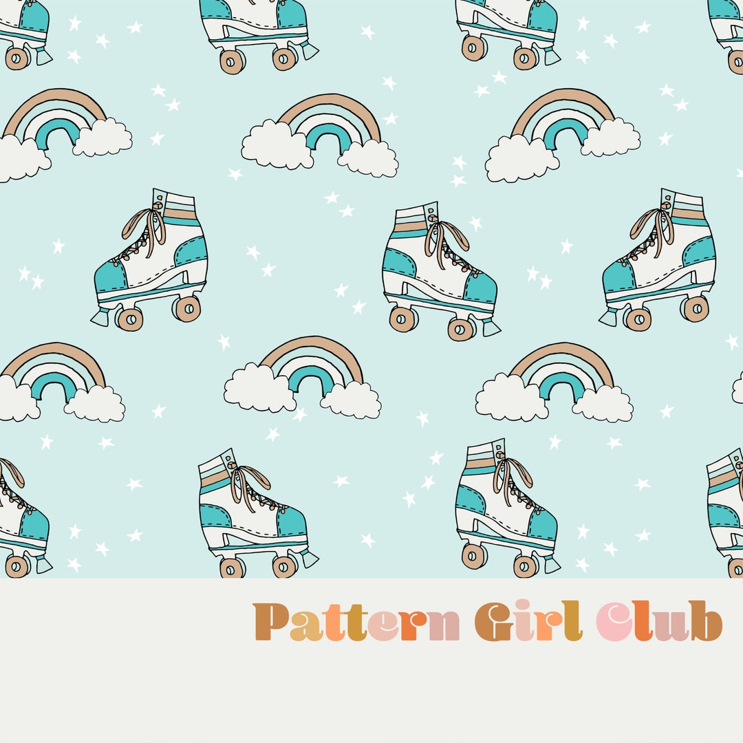 Retro Roller-skates and Rainbows 70s Seamless Repeat Pattern Boho ...