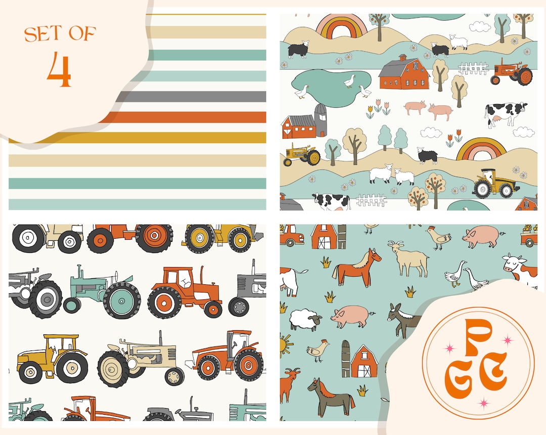 Set of 4 Seamless Files - Farmyard Vintage Tractors Gender Neutral Farm ...