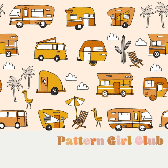 Retro Campers and Rvs 70s Seamless Repeat Pattern Boho Neutral | Etsy