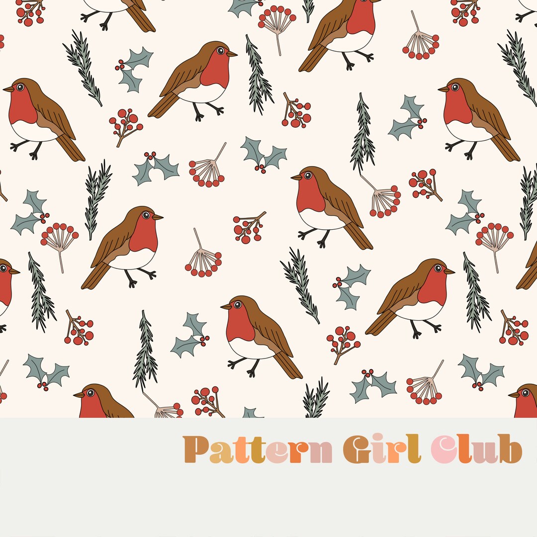 Christmas Robin Seamless Repeat Pattern Boho Neutral for Commercial Use ...
