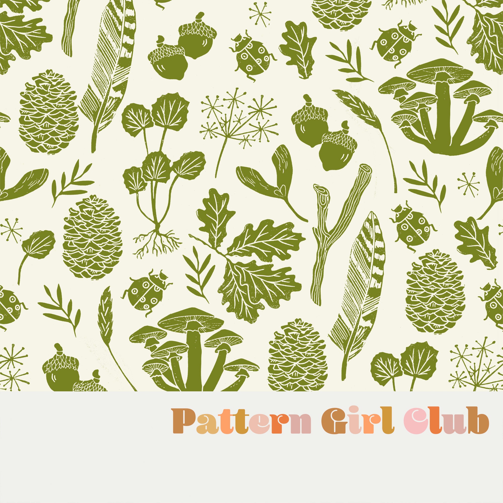 Nature Walk Green Leaves Fall Inspired Linocut Seamless Repeat Pattern ...