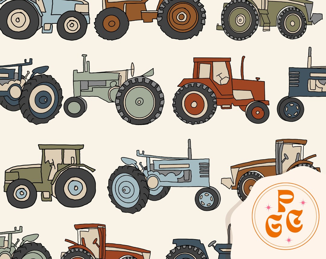 Vintage Tractors Hand-drawn Farm Illustration Seamless Repeat Pattern ...