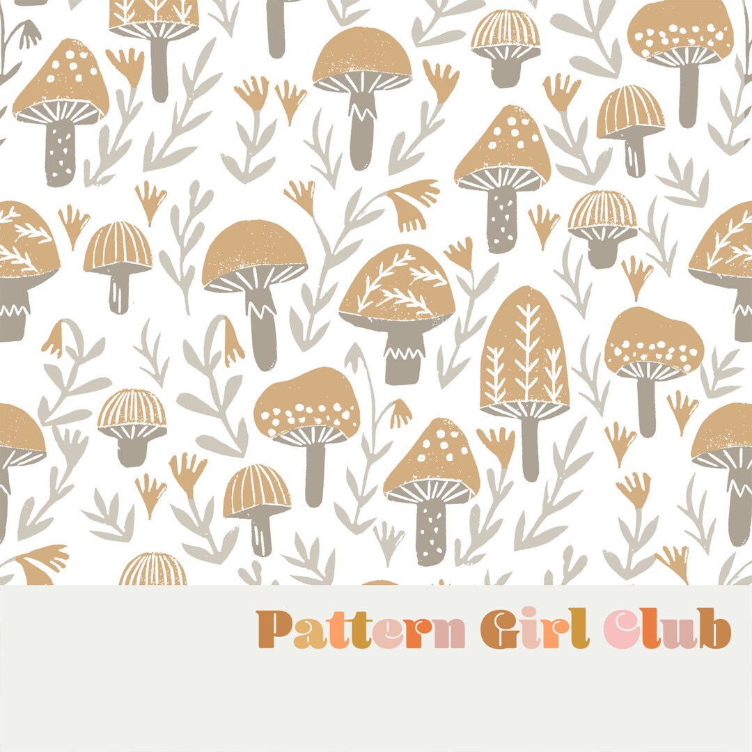 Linocut Mushrooms Cottagecore Seamless Repeat Pattern Boho Neutral for ...
