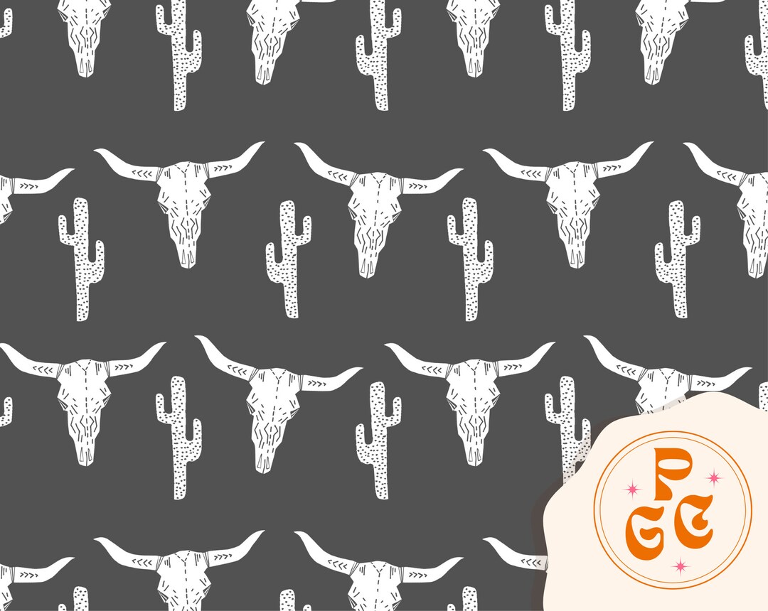 Western Longhorn Skull Cactus Kids Seamless Repeat Pattern Boho Neutral ...
