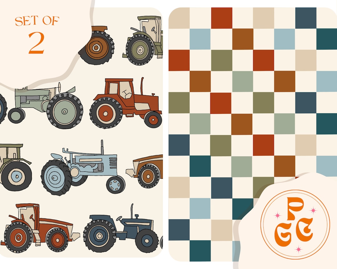 SET of 2 Retro Tractors and Coordinating Checker Seamless Repeat ...
