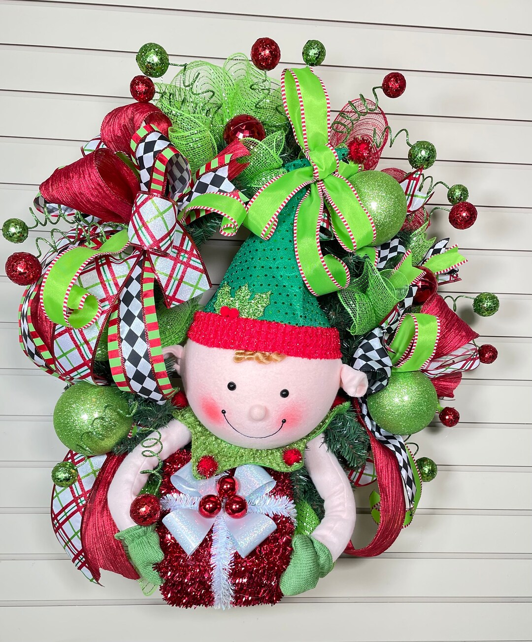 Christmas Elf Wreath, Juvenile Wreath, Red and Green Holiday Decor ...