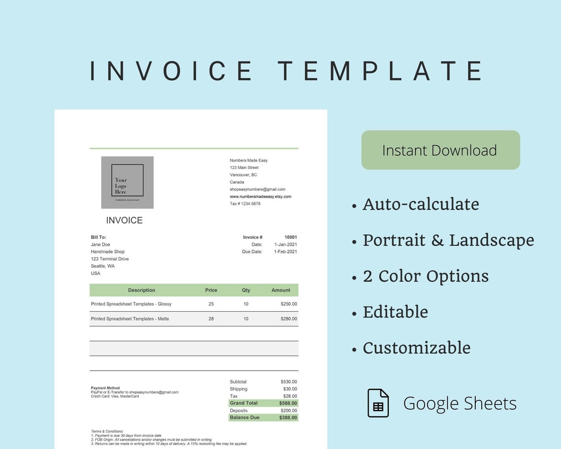 Invoice Template | Autocalculate | Portrait + Landscape | Editable ...