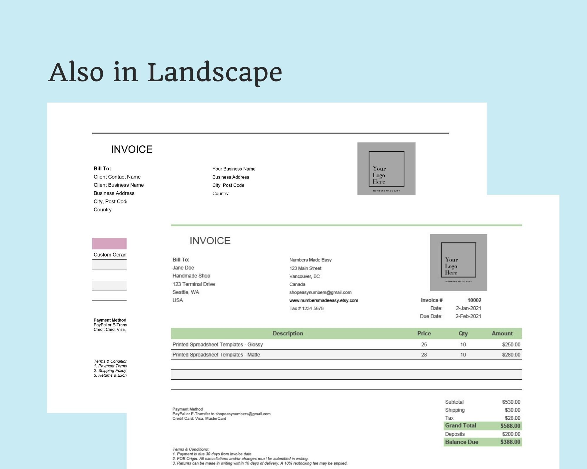 Invoice Template | Autocalculate | Portrait + Landscape | Editable ...