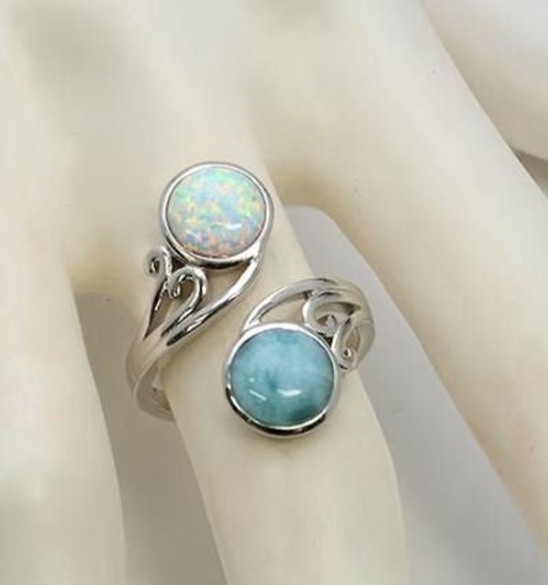 Larimar Ring, White Opal Ring, Two Round Stone Ring, Adjustable Ring ...