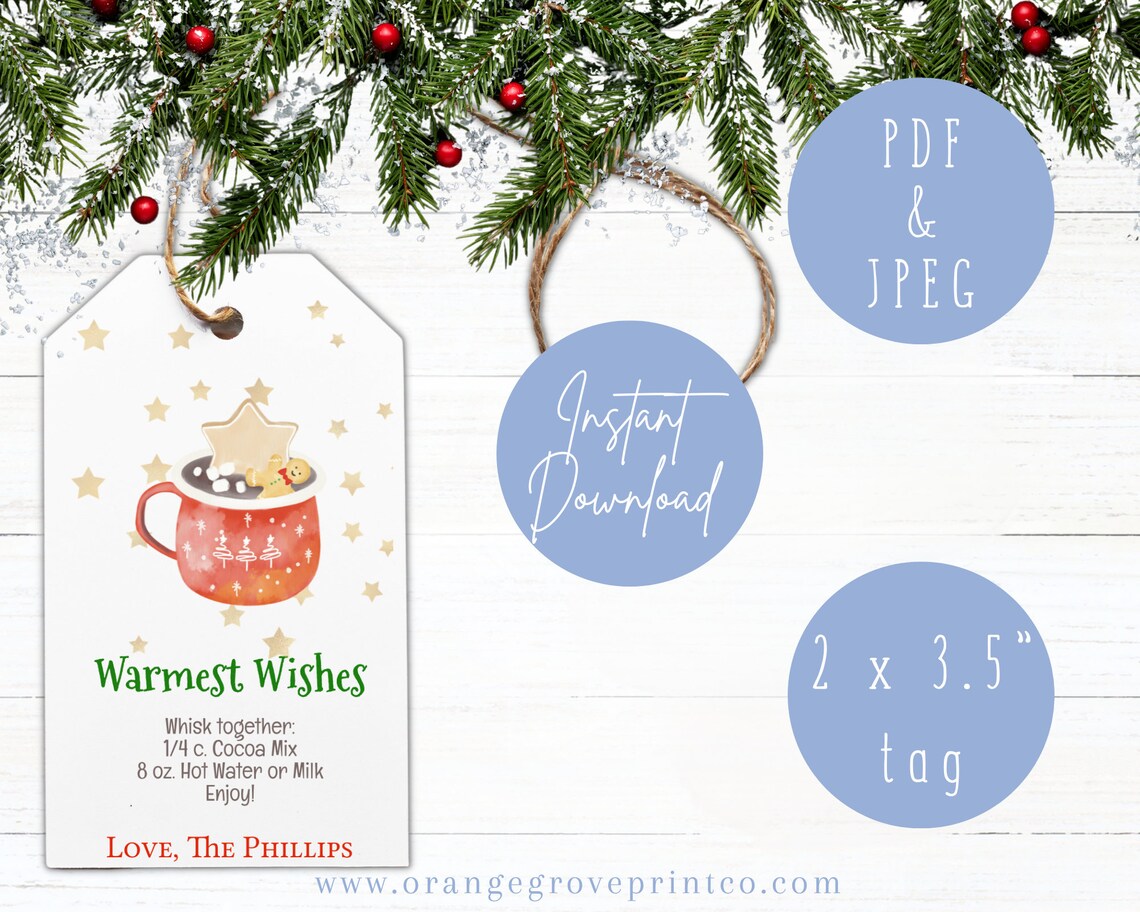 Printable Christmas Hot Cocoa Tag Warmest Wishes Watercolor Christmas ...