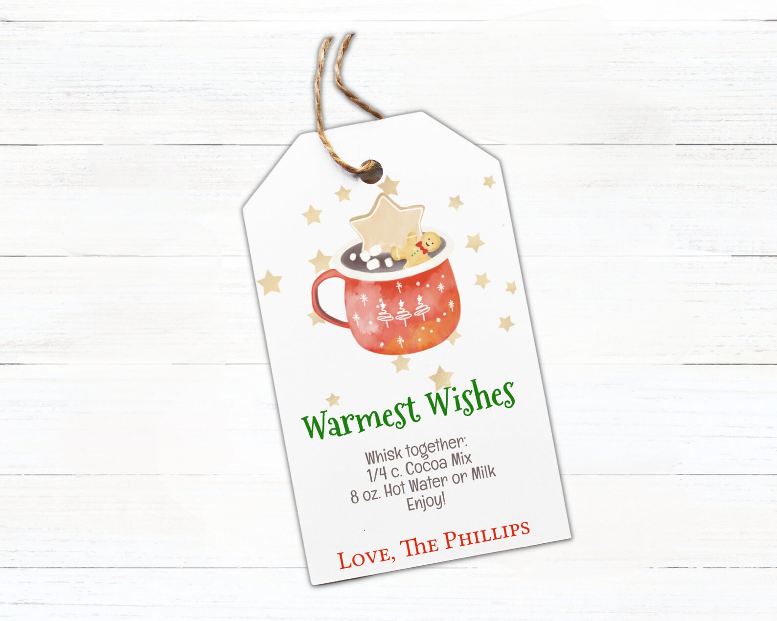 Printable Christmas Hot Cocoa Tag Warmest Wishes Watercolor Christmas ...