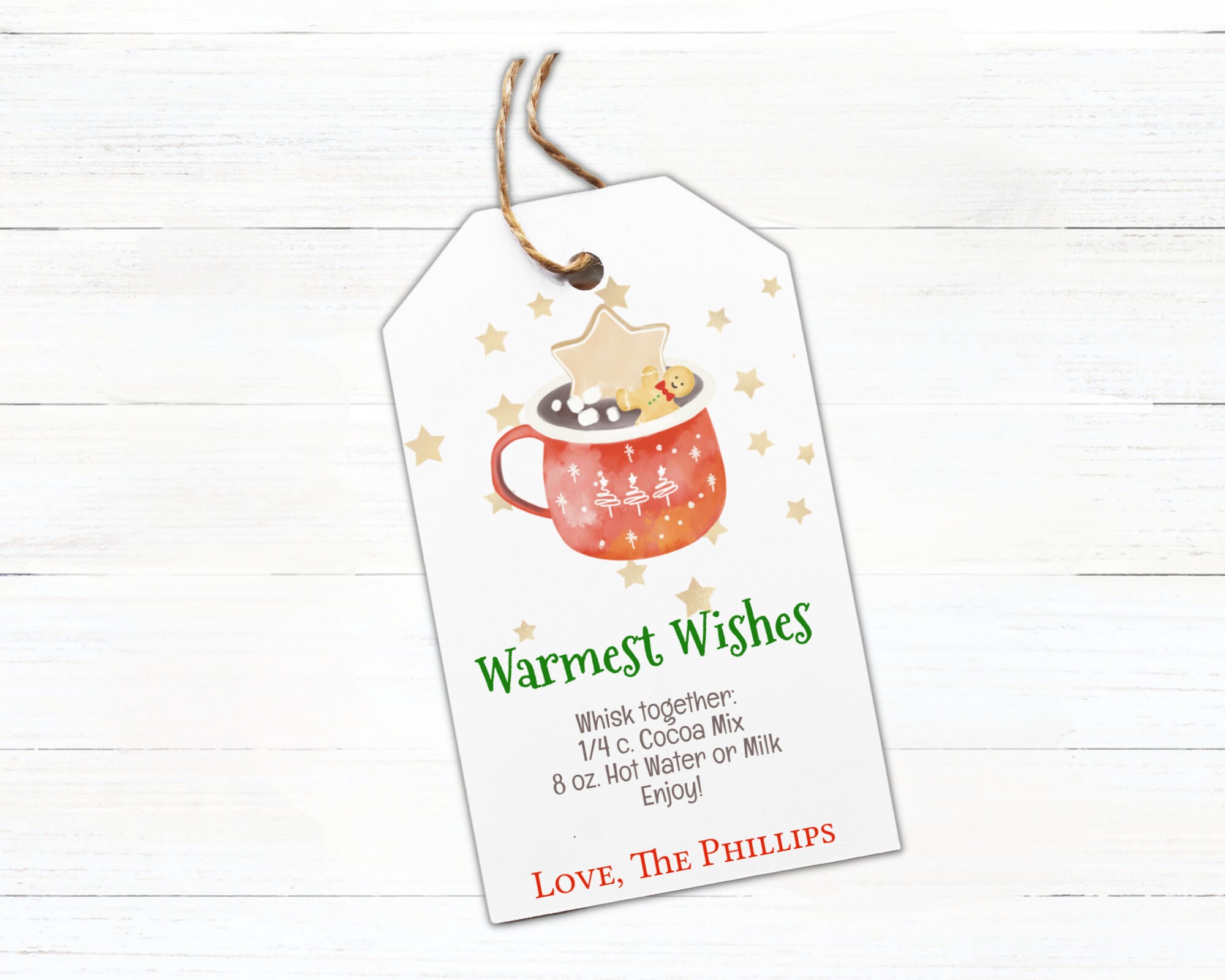 Printable Christmas Hot Cocoa Tag Warmest Wishes Watercolor Christmas ...