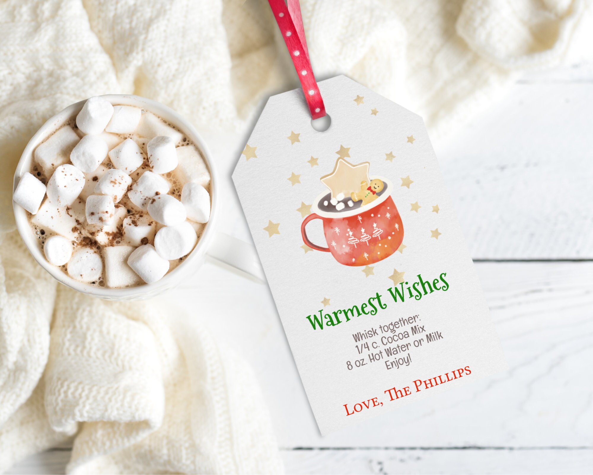 Printable Christmas Hot Cocoa Tag Warmest Wishes Watercolor Christmas ...