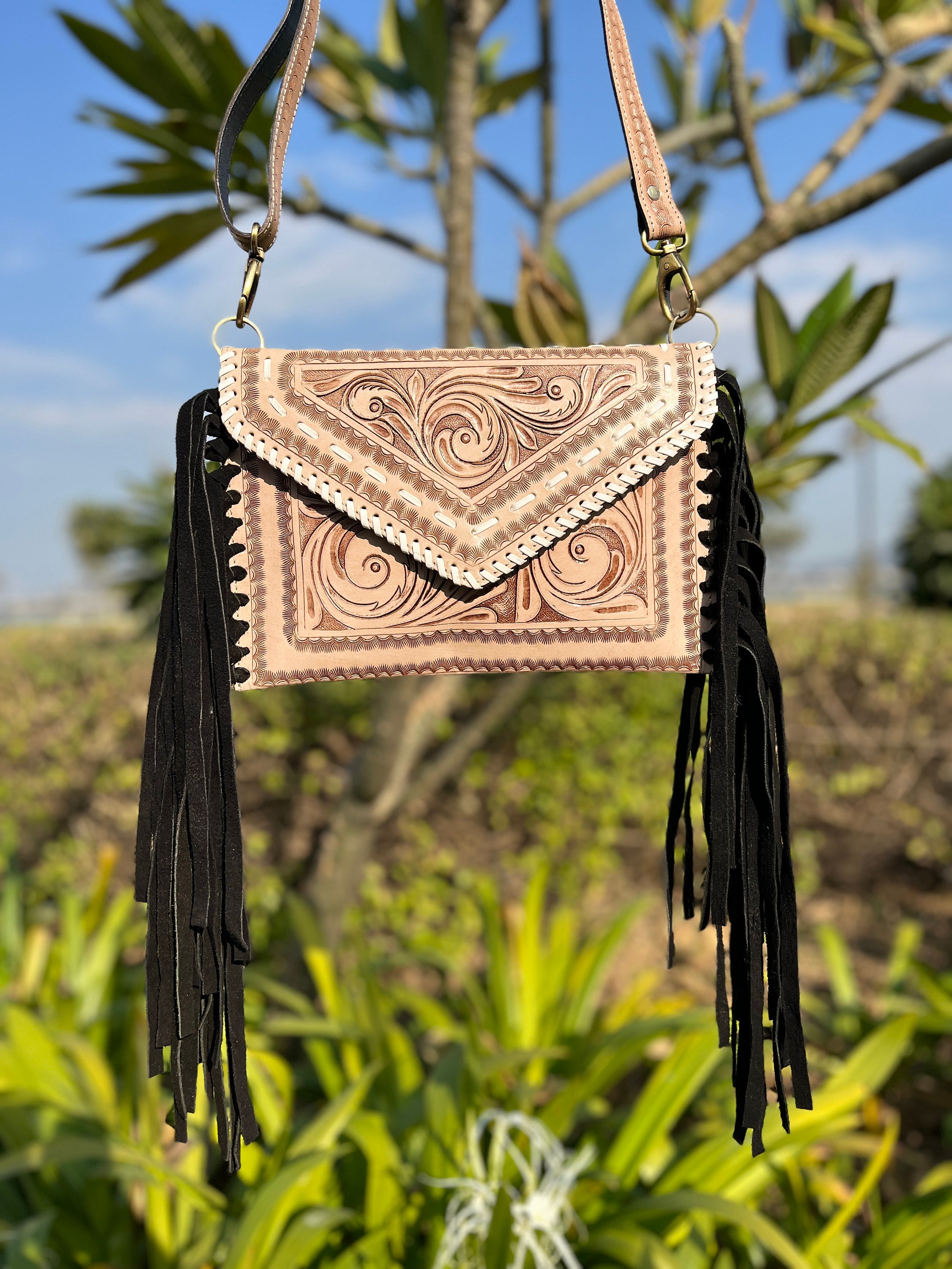 Handmade Leather Fringe Sling Purse: Western Hand Tooled Handbag - Etsy