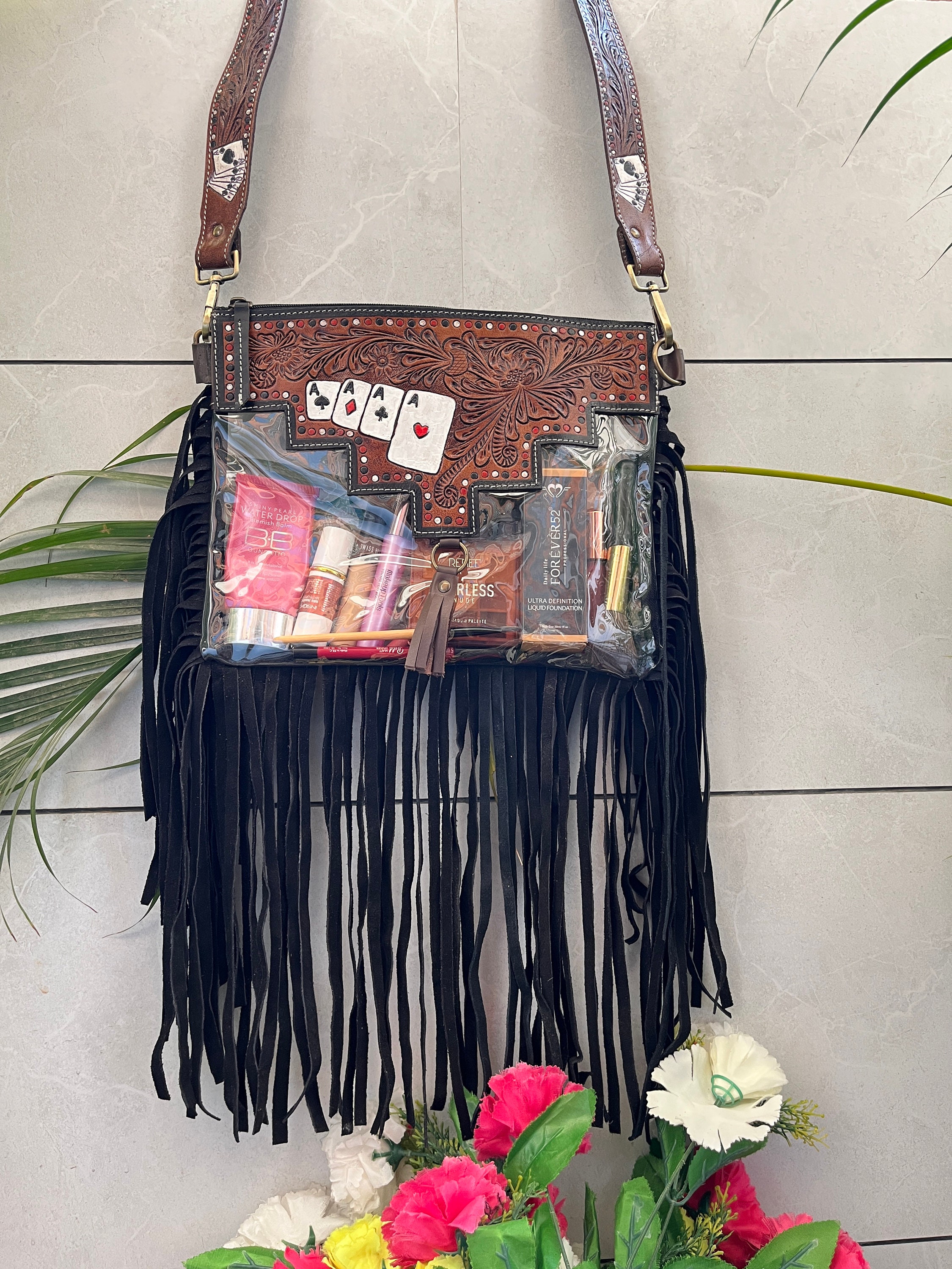 Western Fringe Transparent Clear Bag Stylish Hand Tooled Carving ...